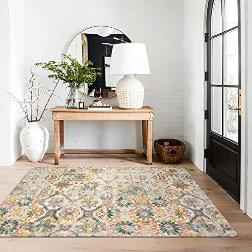 Lahome Boho Machine Washable Rugs - 5x7 Area Rugs for Living Room Non-Slip Throw Bedroom Rug Ultra-Thin Floral Print Dinning Room Rug Large Accent Distessed Floor Carpet for Entrance Kitchen Office