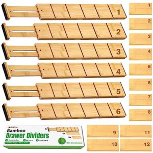 nustar technology 6 pack bamboo drawer dividers with 12 inserts – 16.3-22 inches expandable and adjustable drawer dividers for baby clothes, kitchen, office, organizer, with non-skid grip