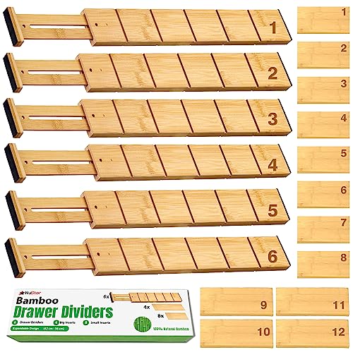 NuStar Technology 6 Pack Bamboo Drawer Dividers with 12 inserts – 16.3-22 Inches Expandable and Adjustable Drawer Dividers for Baby Clothes, Kitchen, Office, Organizer, with Non-Skid Grip