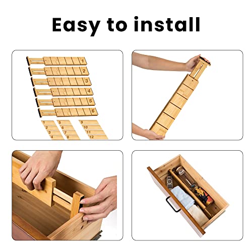 NuStar Technology 6 Pack Bamboo Drawer Dividers with 12 inserts – 16.3-22 Inches Expandable and Adjustable Drawer Dividers for Baby Clothes, Kitchen, Office, Organizer, with Non-Skid Grip