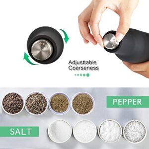 HAITRAL Electric Gravity Salt and Pepper Grinder Set, 2 Pack Electric Ceramic Core Mills Shaker, Battery Operated, One Hand Automatic Operation, Adjustable Coarseness, Black and White