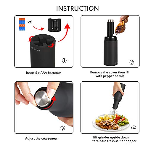 HAITRAL Electric Gravity Salt and Pepper Grinder Set, 2 Pack Electric Ceramic Core Mills Shaker, Battery Operated, One Hand Automatic Operation, Adjustable Coarseness, Black and White