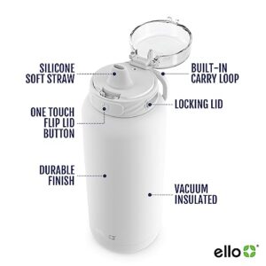 Ello Cooper Vacuum Insulated Stainless Steel Water Bottle with Soft Straw and Carry Loop, Double Walled, Leak Proof, White, 22oz