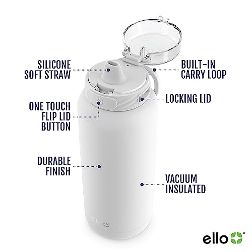 Ello Cooper Vacuum Insulated Stainless Steel Water Bottle with Soft Straw and Carry Loop, Double Walled, Leak Proof, White, 22oz