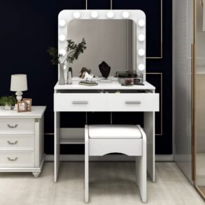 neutype makeup vanity with lights, vanity desk with mirror and lights, vanity mirror with lights and table set, white vanity desk 2 drawers vanity set with 12 light bulbs