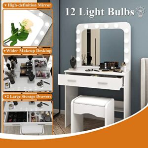 NeuType Makeup Vanity with Lights, Vanity Desk with Mirror and Lights, Vanity Mirror with Lights and Table Set, White Vanity Desk 2 Drawers Vanity Set with 12 Light Bulbs