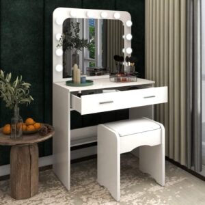 NeuType Makeup Vanity with Lights, Vanity Desk with Mirror and Lights, Vanity Mirror with Lights and Table Set, White Vanity Desk 2 Drawers Vanity Set with 12 Light Bulbs