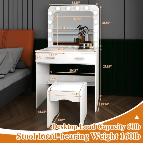 NeuType Makeup Vanity with Lights, Vanity Desk with Mirror and Lights, Vanity Mirror with Lights and Table Set, White Vanity Desk 2 Drawers Vanity Set with 12 Light Bulbs