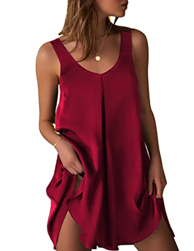 Ekouaer Womens, Silk Sleeveless Nightgown Nightshirt, Sleeping Gowns, Comfy V Neck, Satin Lingerie, Sleepwear Nightie, Wine, Medium