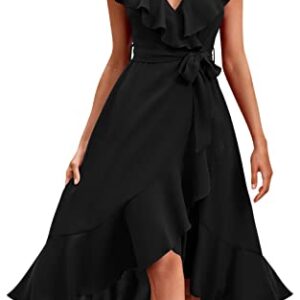 PRETTYGARDEN Women's Summer Wrap Maxi Dress Casual Boho Deep V Neck Short Sleeve Ruffle Hem Split Beach Long Dresses (Black,Large)