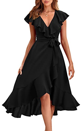 PRETTYGARDEN Women's Summer Wrap Maxi Dress Casual Boho Deep V Neck Short Sleeve Ruffle Hem Split Beach Long Dresses (Black,Large)