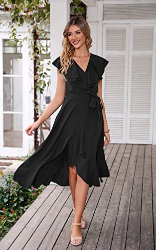 PRETTYGARDEN Women's Summer Wrap Maxi Dress Casual Boho Deep V Neck Short Sleeve Ruffle Hem Split Beach Long Dresses (Black,Large)