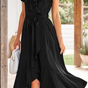 PRETTYGARDEN Women's Summer Wrap Maxi Dress Casual Boho Deep V Neck Short Sleeve Ruffle Hem Split Beach Long Dresses (Black,Large)