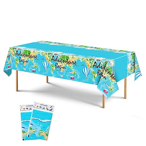 Adventure World Awaits Map Plastic Tablecloth - 2pcs 54*108" Travel Themed Table Decorations Supplies Bon Voyage Disposable Rectangle Table Cover for Baby Shower Birthday Graduation Retirement