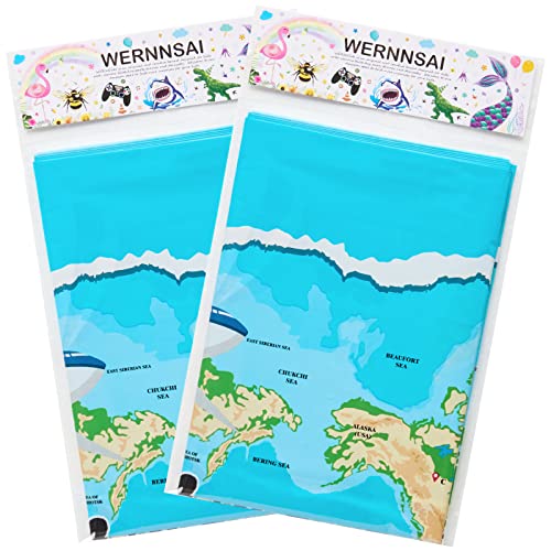 Adventure World Awaits Map Plastic Tablecloth - 2pcs 54*108" Travel Themed Table Decorations Supplies Bon Voyage Disposable Rectangle Table Cover for Baby Shower Birthday Graduation Retirement