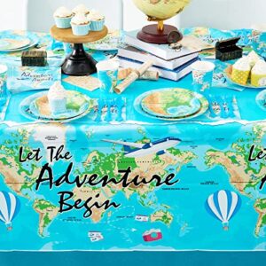 Adventure World Awaits Map Plastic Tablecloth - 2pcs 54*108" Travel Themed Table Decorations Supplies Bon Voyage Disposable Rectangle Table Cover for Baby Shower Birthday Graduation Retirement