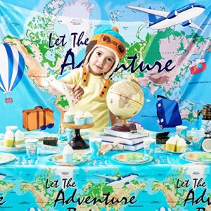 Adventure World Awaits Map Plastic Tablecloth - 2pcs 54*108" Travel Themed Table Decorations Supplies Bon Voyage Disposable Rectangle Table Cover for Baby Shower Birthday Graduation Retirement