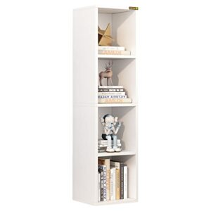 alisened 4 cube small bookshelf, narrow storage organizer shelf, wooden corner bookcase, modern thin cubes storage organizer display shelving for bedroom, library, living room, home, office, white