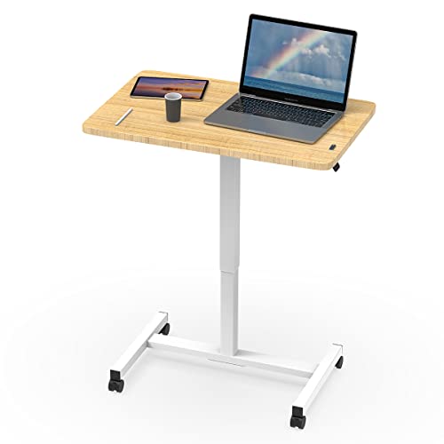 ANQWD 28" Pneumatic Height Adjustable Rolling Desk, Mobile Laptop Standing Desk Cart with Wheels, Rolling Standing Desk Table for Office Home (Bamboo Wood)