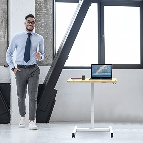 ANQWD 28" Pneumatic Height Adjustable Rolling Desk, Mobile Laptop Standing Desk Cart with Wheels, Rolling Standing Desk Table for Office Home (Bamboo Wood)