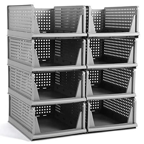 8 Pcs Stackable Storage Drawers Closet Organizers and Storage Foldable Closet Organizers Plastic Folding Box Shelves Collapsible Bin Baskets Container for Wardrobe Bathroom (Dark Gray)