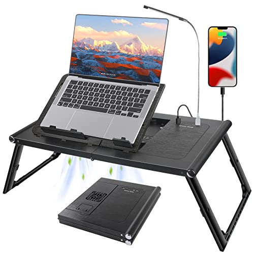 GKTG Lap Desk for Laptop Folding, Portable Laptop Desk for Bed Couch Sofa Floor, Foldable Adjustable Laptop Bed Table with Cooling Fans Built-in10000mAh Rechargeable Mobile Power Pack, USB LED Light