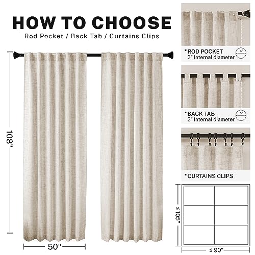 MEETBILY Curtains Panels for Back Tab Semi Sheer, Linen Textured Drapes Rod Pocket, Flax Curtains for Farmhouse/Bedroom/Living Room/Window (2-Pack, 50 x 108 inch, Light Coffee)