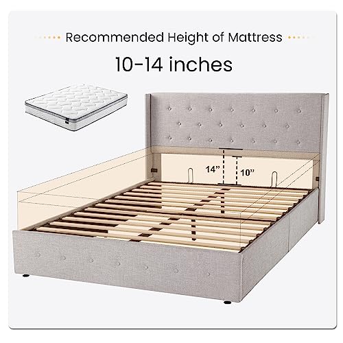 SHA CERLIN Queen Size Lift Up Storage Bed/Button Tufted Wingback Headboard/Hydraulic Storage/Upholstered Platform Bed Frame/No Box Spring Needed/Wood Slats Support/Light Beige