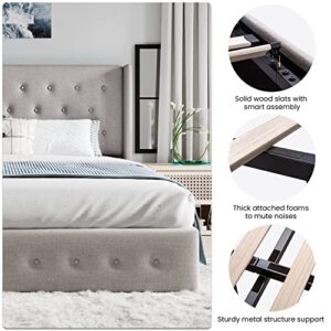 SHA CERLIN Queen Size Lift Up Storage Bed/Button Tufted Wingback Headboard/Hydraulic Storage/Upholstered Platform Bed Frame/No Box Spring Needed/Wood Slats Support/Light Beige