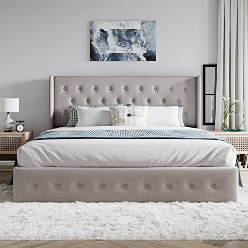 SHA CERLIN Queen Size Lift Up Storage Bed/Button Tufted Wingback Headboard/Hydraulic Storage/Upholstered Platform Bed Frame/No Box Spring Needed/Wood Slats Support/Light Beige