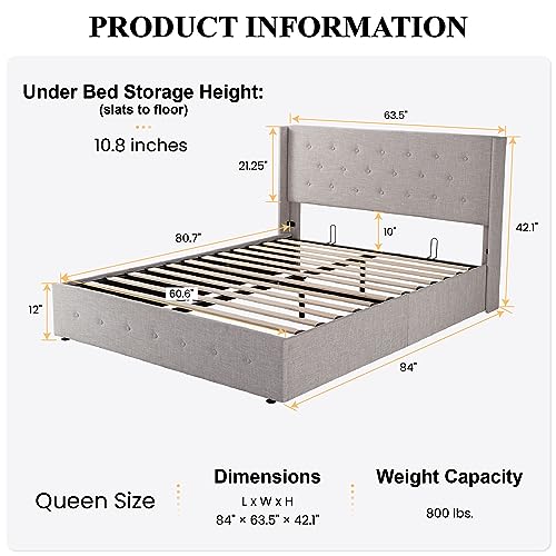 SHA CERLIN Queen Size Lift Up Storage Bed/Button Tufted Wingback Headboard/Hydraulic Storage/Upholstered Platform Bed Frame/No Box Spring Needed/Wood Slats Support/Light Beige