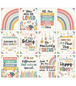 carson dellosa we belong 12 boho rainbow classroom poster set, boho neutral motivational mini posters for classroom, wall décor, daycare, and boho neutral classroom décor