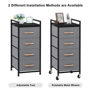 Drawer Dresser for Bedroom Fabric Storage Dresser with 4 Drawers Tower Tall Nightstand Chest of Drawers with Wood Top and Steel Frame Organizer Unit for Closet Living Room Hallway Entryway (Grey)