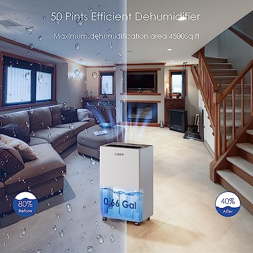 LUBAIR 4500 Sq.ft 50 Pint Dehumidifiers for Basements and Home, Large Room Basements with Automatic Drain or Manual Drainage,Intelligent Humidity Control, Laundry Dry, Auto Defrost, 24H Timer, Child Lock for Office, Living Room.