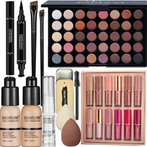 all in one makeup gift kit, includes 40 colors eyeshadow palette, sightling foundation & face primer, winged eyeliner stamp, lipstick set, eyebrow soap, makeup sponge for women full kit