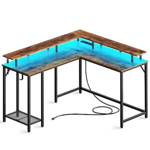 superjare l shaped computer desk with power outlets & led lights, gaming desk with monitor stand & storage shelf, home office desk corner desk with hooks, rustic brown