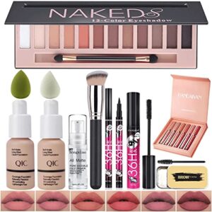 all in one makeup kit for womem full kit,12 colors eyeshadow palette,6 colors lipstick set,2 full coverage foundation and primer, eyebrow soap,waterproof eyeliner and mascara (102 nude + 104 buff beige+ matte shadow)