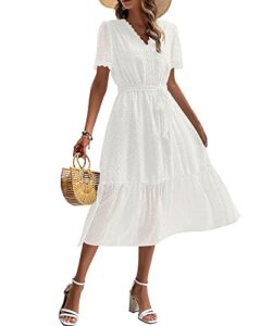 btfbm women 2023 summer boho midi dress short sleeve v neck swiss dot belted high waist ruffle tiered a-line beach dress(swiss dot white, medium)