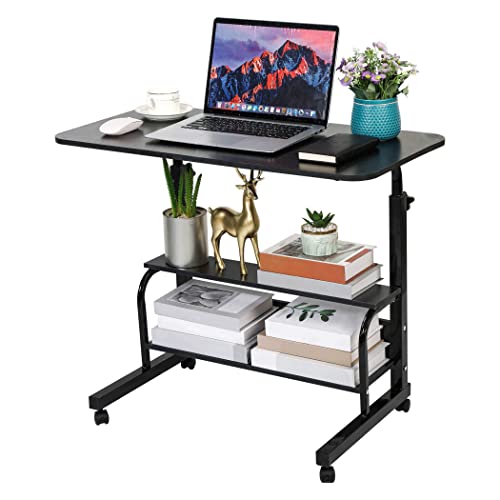 Adjustable Height Mobile Computer Desk for Small Space Rolling Writing Desk with Wheels Desk Home Office Study Desk Portable for Bedrooms Work Desk Size 31.5x15.7 Inch Black with Storage Gaming Table