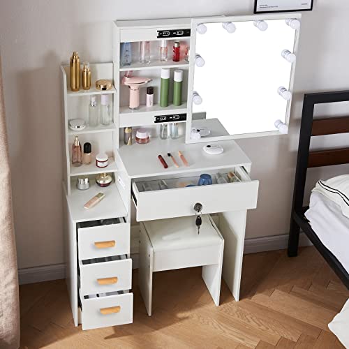 Jansaimei Hollywood Dressing Table, Makeup Vanity Set with 10 Dimmable Bulbs, White Dressing Desk with Sliding Mirror and Chair, Vanity with 4 Drawers and 6 Shelvesfor Girls and Women.