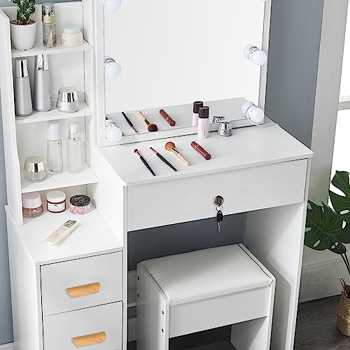 Jansaimei Hollywood Dressing Table, Makeup Vanity Set with 10 Dimmable Bulbs, White Dressing Desk with Sliding Mirror and Chair, Vanity with 4 Drawers and 6 Shelvesfor Girls and Women.