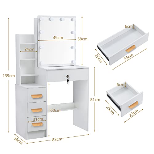 Jansaimei Hollywood Dressing Table, Makeup Vanity Set with 10 Dimmable Bulbs, White Dressing Desk with Sliding Mirror and Chair, Vanity with 4 Drawers and 6 Shelvesfor Girls and Women.