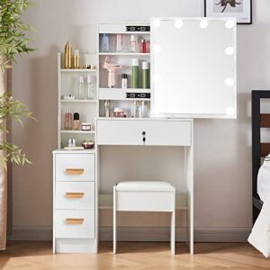 Jansaimei Hollywood Dressing Table, Makeup Vanity Set with 10 Dimmable Bulbs, White Dressing Desk with Sliding Mirror and Chair, Vanity with 4 Drawers and 6 Shelvesfor Girls and Women.