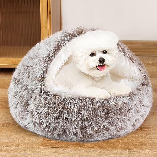 NOYAL Dog Bed Round Hooded Plush Cat Cave Donut Anti Anxiety Fluffy Dog Bed for Small Medium Dog and Cat