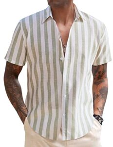 coofandy men's green striped linen button up shirts short sleeve business casual shirt