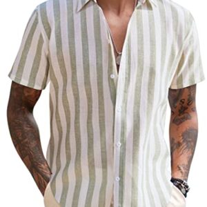 COOFANDY Men's Green Striped Linen Button Up Shirts Short Sleeve Business Casual Shirt