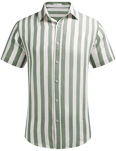 COOFANDY Men's Green Striped Linen Button Up Shirts Short Sleeve Business Casual Shirt