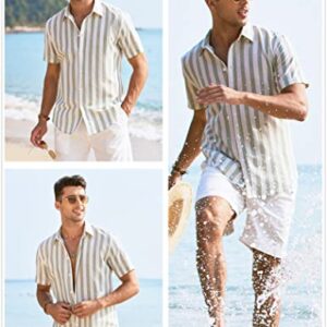 COOFANDY Men's Green Striped Linen Button Up Shirts Short Sleeve Business Casual Shirt