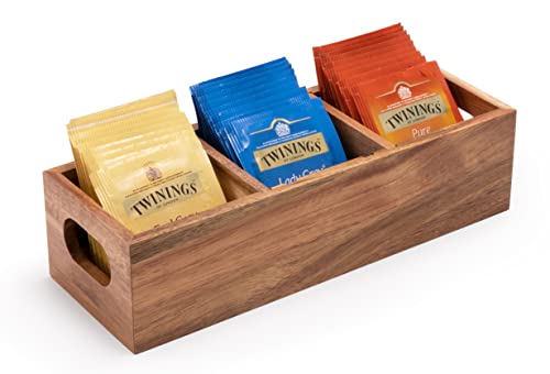 NAUMOO Wooden Tea Bag Organizer - Set of 1 - Adjustable Compartments - Tea Bags Caddy with Handle - Sugar Packet Holder for Countertop, Cabinet - Coffee Bar Accessories & Storage