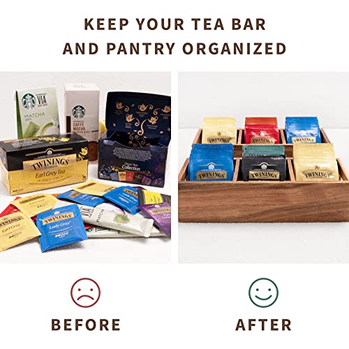 NAUMOO Wooden Tea Bag Organizer - Set of 1 - Adjustable Compartments - Tea Bags Caddy with Handle - Sugar Packet Holder for Countertop, Cabinet - Coffee Bar Accessories & Storage